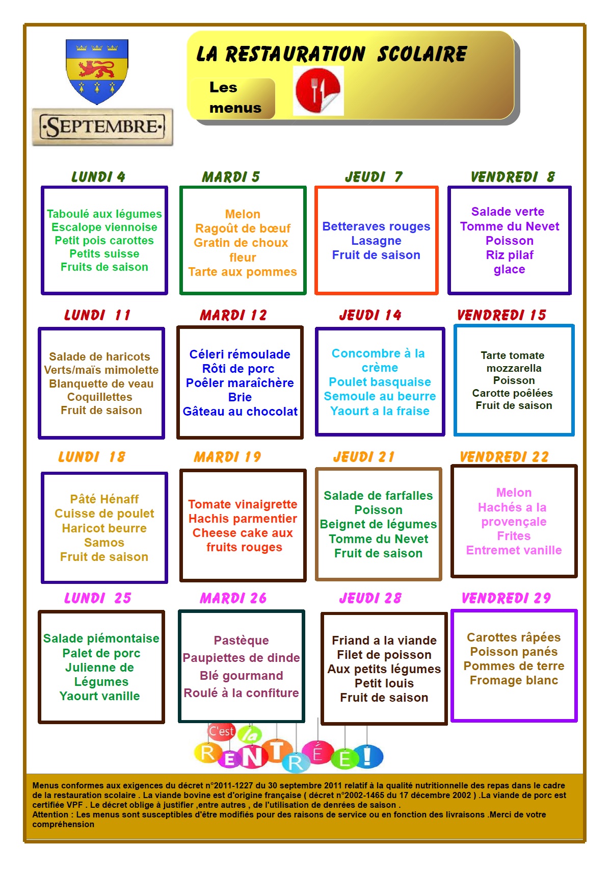 Menus du mois de Septembre | PLOGONNEC