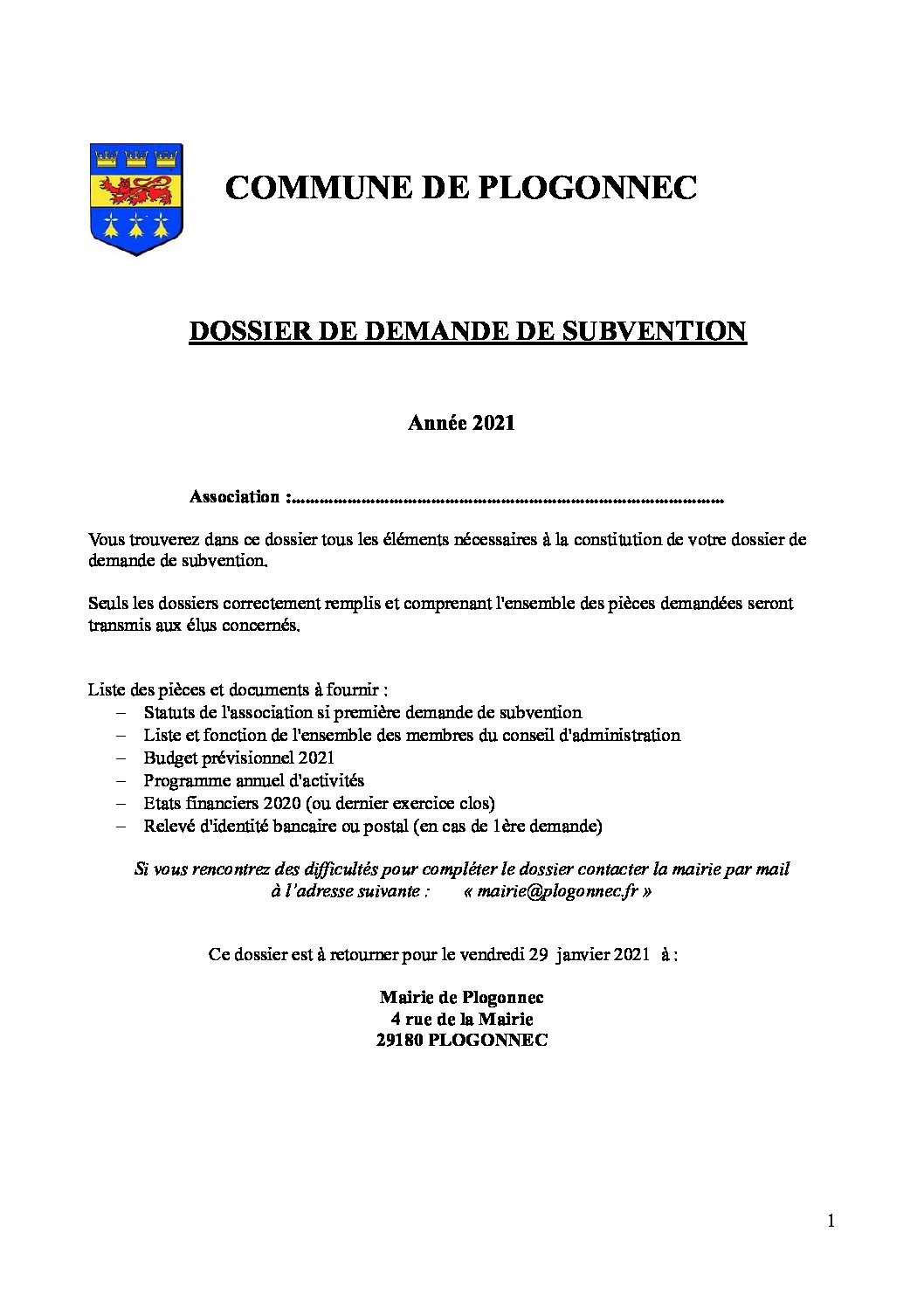 Dossier demande de subvention 2021 | PLOGONNEC