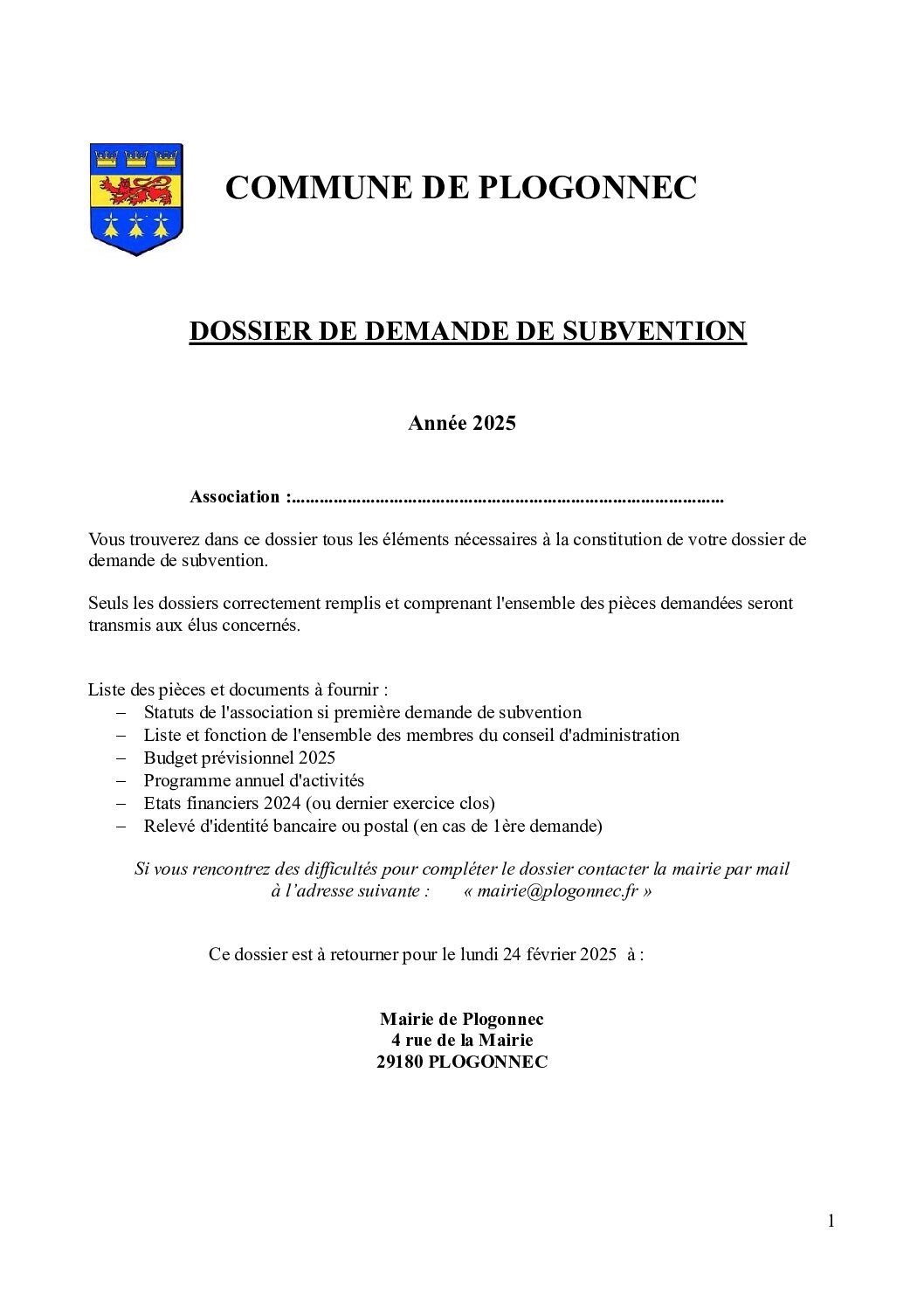 Dossier demande de subvention 2025 | PLOGONNEC